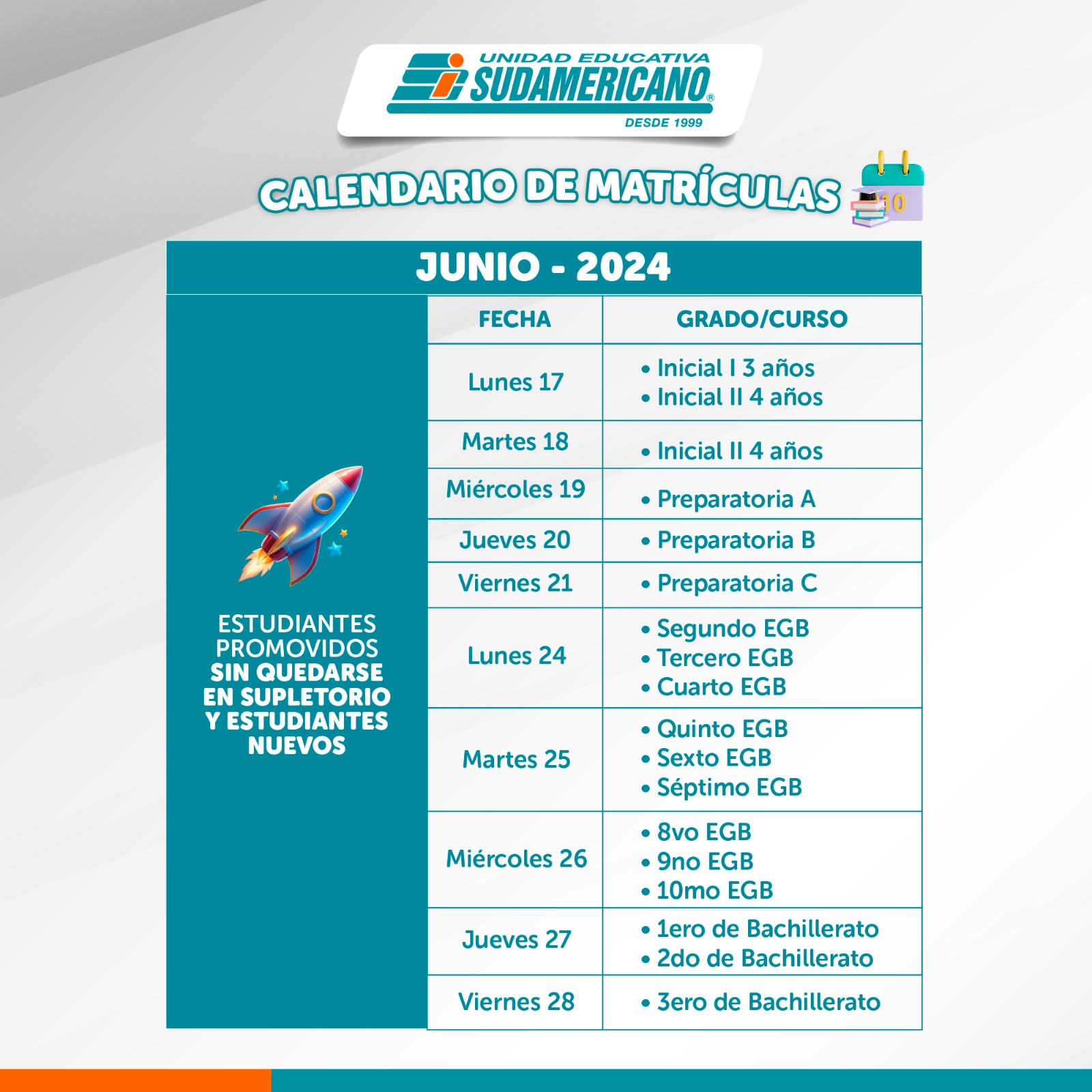 Calendario de Matrícula - Unidad Educativa Sudamericano